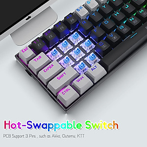HUO JI 65% RGB Gaming Keyboard, E-YOOSO Z-686 Wired 68 Keys Mechanical Keyboard, Clicky Blue Switches, Pro Software Supported, Detachable USB-C Cable, Separate Arrow Keys - Black/Grey