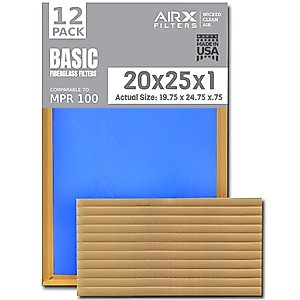 20x25x1 Air Filter Comparable to MPR 100 Basic Economy Furnace Filters, 12 Pack of Non Pleated Fiberglass Filter For Dust - Low Airflow Restriction! From AIRX FILTERS WICKED CLEAN AIR.