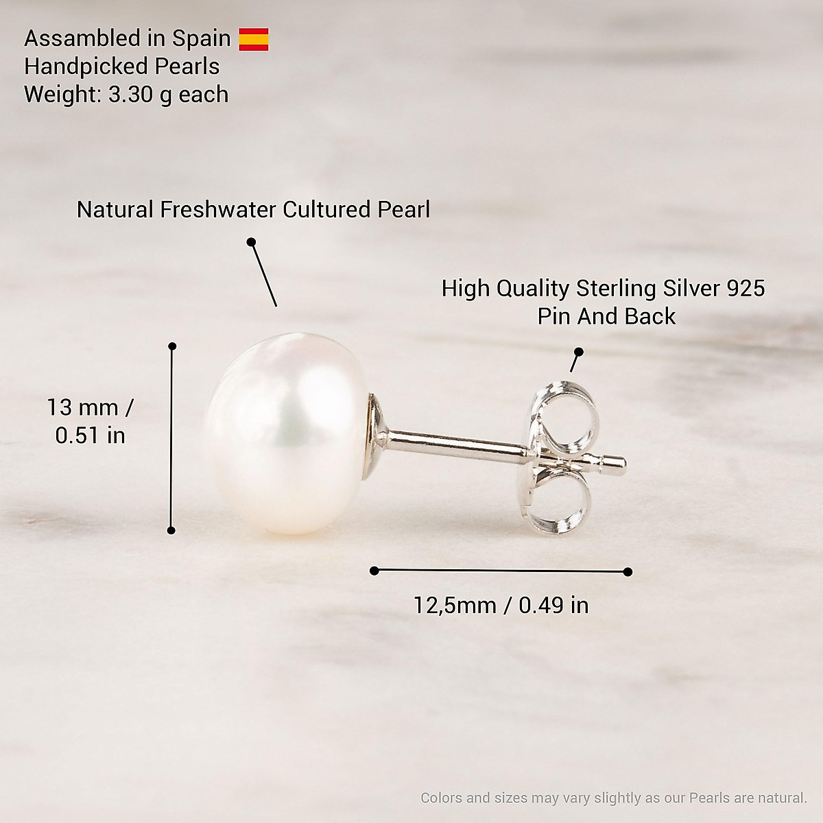 Women Pearl Stud Earrings. Fresh Water Cultured Pearls Button Shape Secret & You | 925 Sterling Silver Mounts | Available in 10 sizes from 4 mm to 13 mm