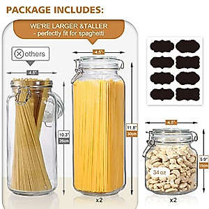 [ Taller ] Glass Jars with Airtight Lid, 92oz/34oz Large Glass Food Storage Jars, 4 Pack Wide Mouth Airtight Glass Jars for Kitchen Pantry Spaghetti, Square Mason Jars with Labels