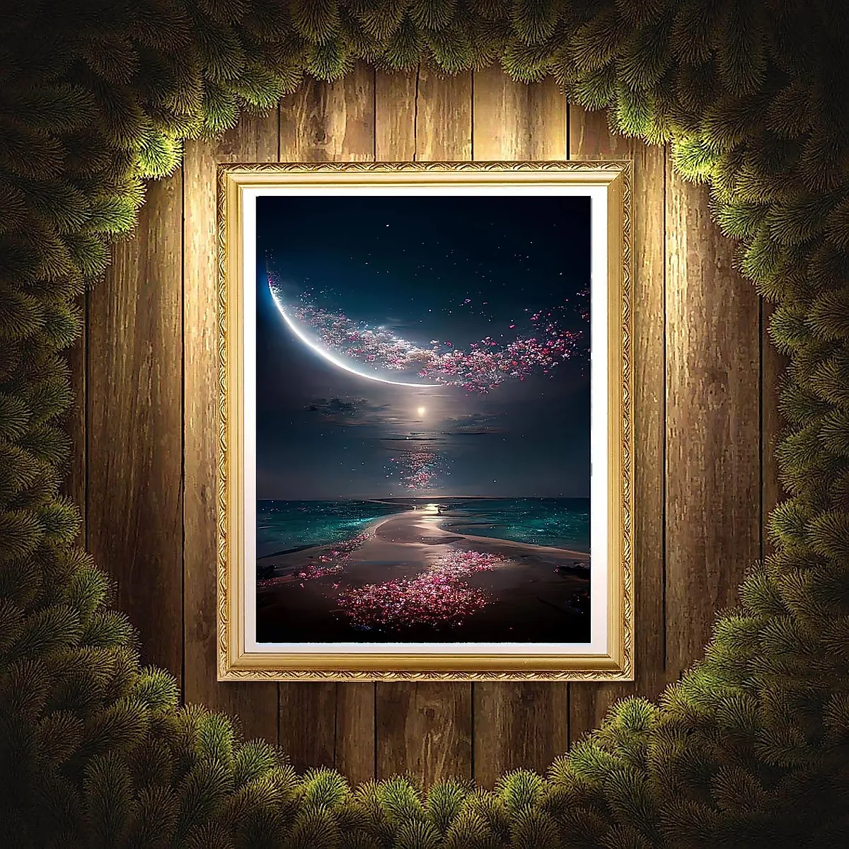 Clendo Moon Diamond Painting Kits for Adults，Moon with Flowers Diamond Art Kits Full Drill Crystal Rhinestone Diamond Embroidery Craft Kits for Home Wall Decor Inch12X16