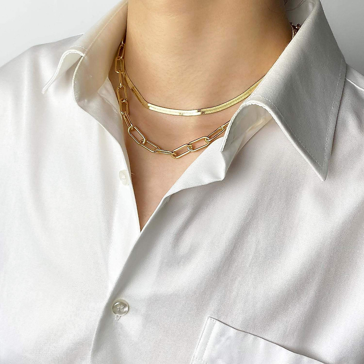 BaubleStar Link Layered Collar Necklace Gold Layering Paperclip Chain Herringbone Snake Choker Statement Fashion Jewelry for Women