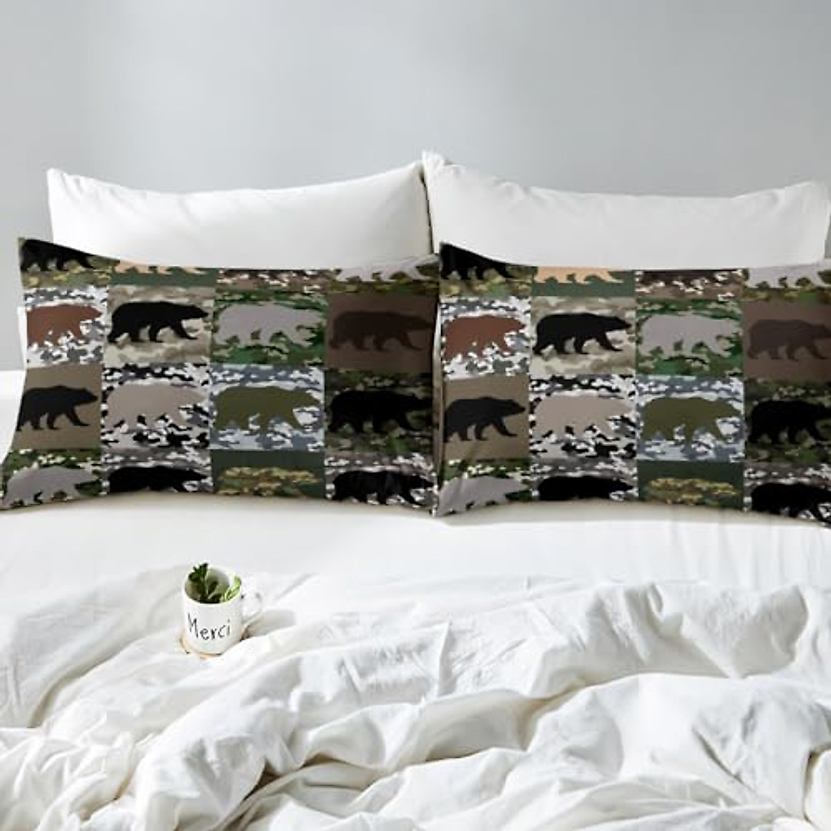 Wildlife Animal Hunting Camo Print Bed Sheet King Set,Camouflage Plaid Print Sheet Sets Adults Room Decoration,Bear Bedding Set with Flat,Fitted Sheet,2 Pillow Cases