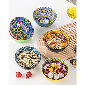 HENXFEN LEAD Ceramic Cereal, Soup Bowls Set of 6-25 Oz Deep Colorful Porcelain Serving Bowls for Dinner, Pasta, Salad, Oatmeal - Bohemian Style