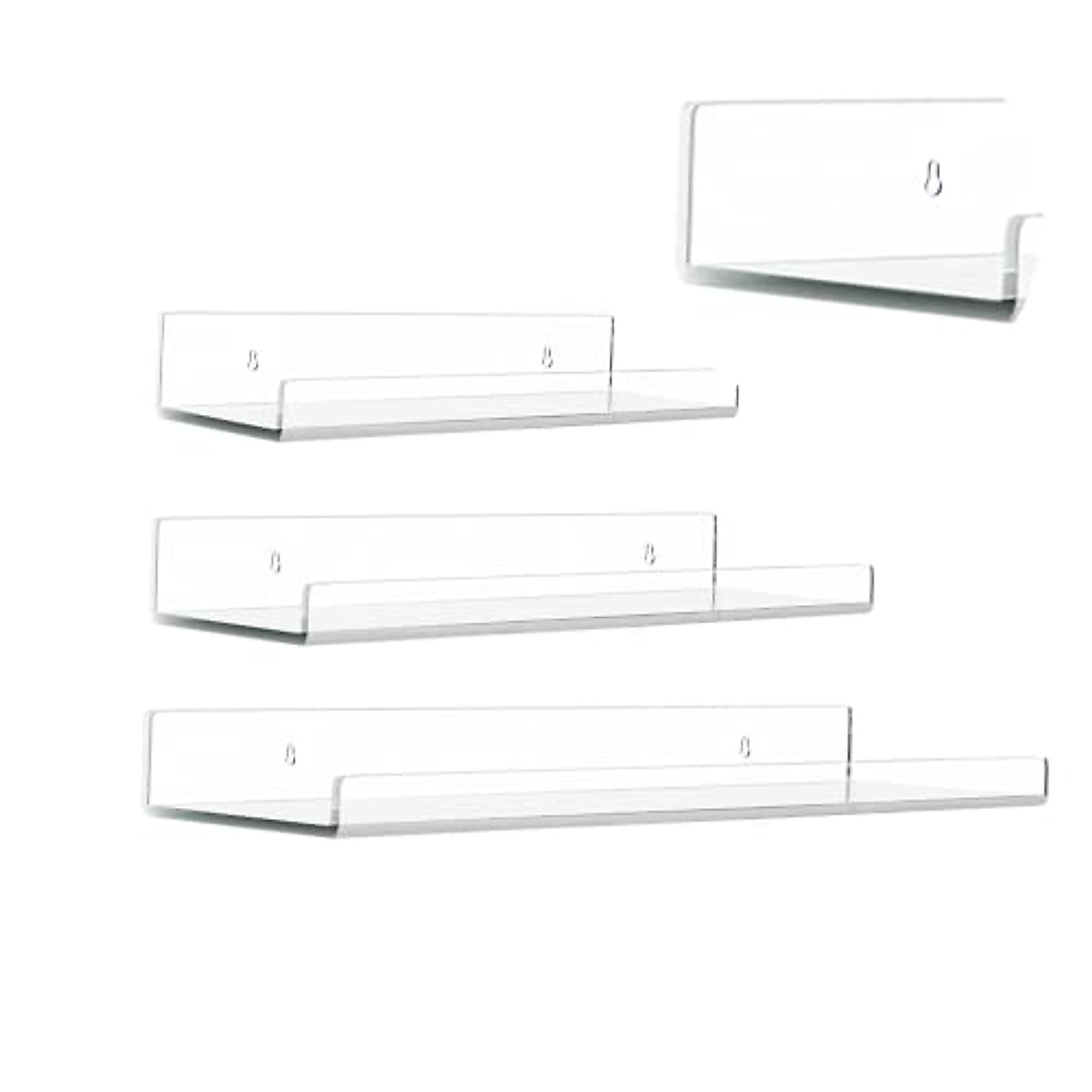 ROYALITA Clear Acrylic Floating Shelves - Set of 3 (16.5", 13.2", 9.3") - 4mm Save Space Floating Wall Decor Storage Shelves - Easy to Install & Multiuse Display for Funko Pops, Plants, Books, Makeup