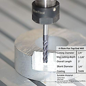 SpeTool 12411 4 Flutes Carbide CNC Square Nose End Mill, 1/4 inch Shank Diameter, 3 inch Long, Upcut CNC Router Bit with Coated