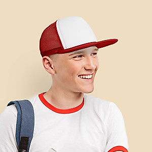DALIX Flat Billed Trucker Cap with Mesh Back in Red-White