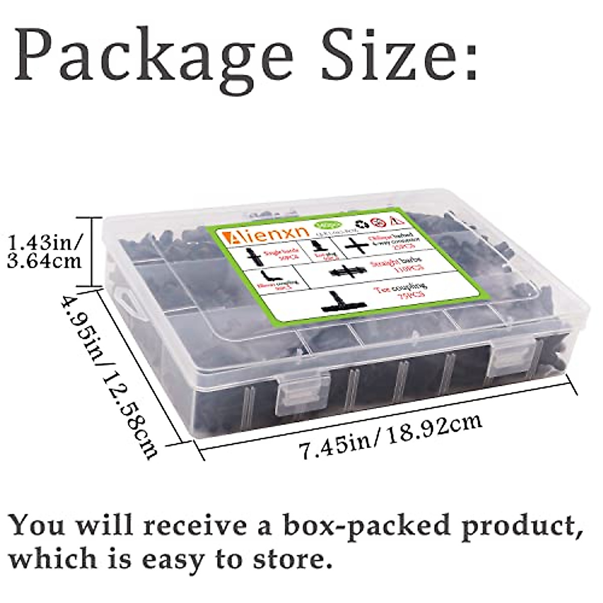 Aienxn 340PCS 1/4" Drip Irrigation Barbed Connectors Kit, Barbed Connectors Irrigation Fittings for Vegetable Garden Lawn Flower Pot Q-K1-042-BOX