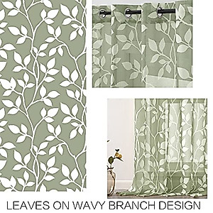 Sage Green Boho Curtains 84 Inch Length for Living Room 2 Panels Set,Natural Leaf Floral Tree Branch Bohemian Design Patterned Neutral Window Sheers for Bedroom,52x84 Inches Long,White Light Green