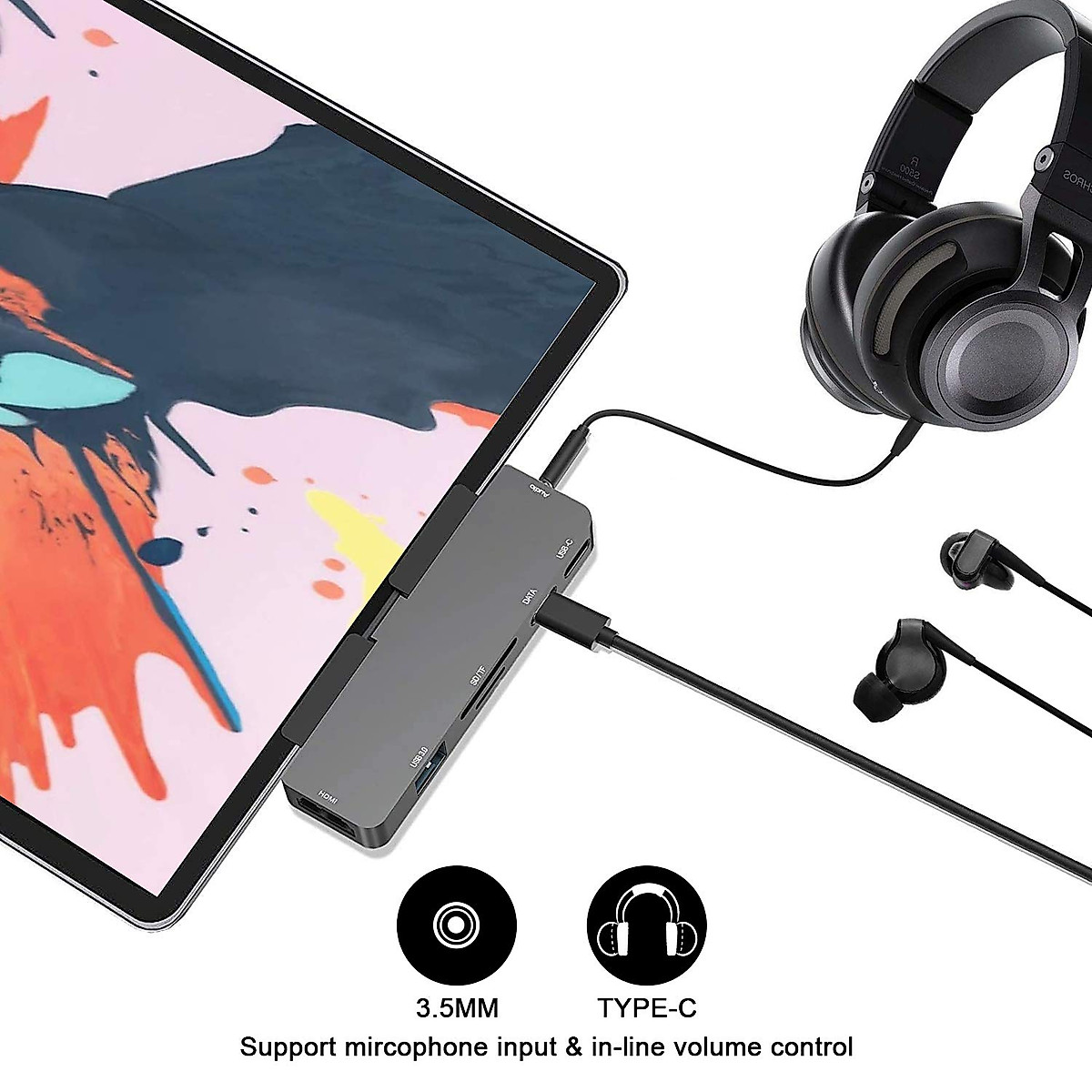 iPad Pro USB C Hub, NewBEP 7-in-1 Hub Adapter for iPad Pro, iPad Air 4, USB C Computer, with 4K HDMI, 60W USB-C PD Fast Charging, 3.5mm Headphone Jack & Type C Data, USB 3.0, SD/TF Card Reader