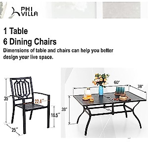 PHI VILLA Patio Dining Set Outdoor Table and Chairs Furniture Set 7 Piece, Large 60.2" Rectangle Bistro Table with Umbrella Hole and 4 Backyard Garden Chairs Support 300LBS for Deck, Lawn, Garden