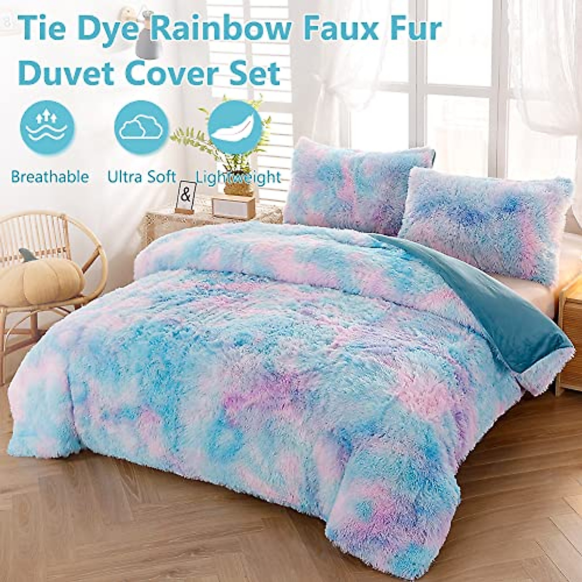 SUCSES Faux Fur Duvet Cover Set Twin Size, Tie Dye Rainbow Plush Shaggy Girls Bedding Set, Soft Velvet Fluffy Fuzzy Ombre Comforter Cover Set (Blue Purple, Twin)