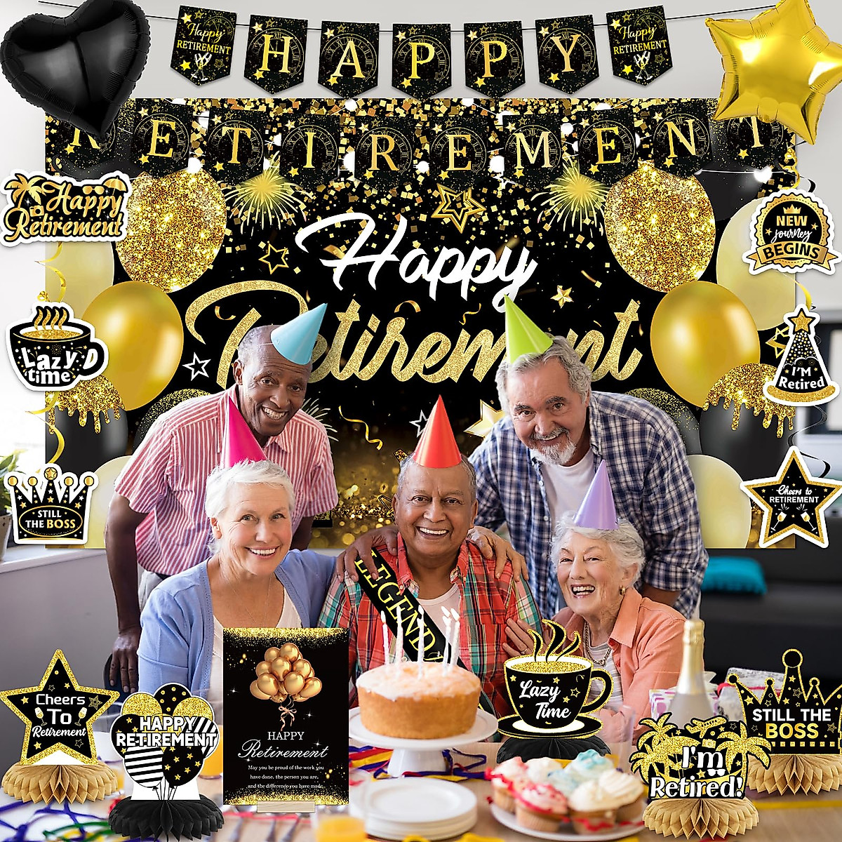 Happy Retirement Party Decorations for Men Women Black and Gold Retirement Party Decorations Happy Retirement Banner Backdrop Card Retirement Sash Hanging Swirls Foil Balloons Honeycomb Centerpieces