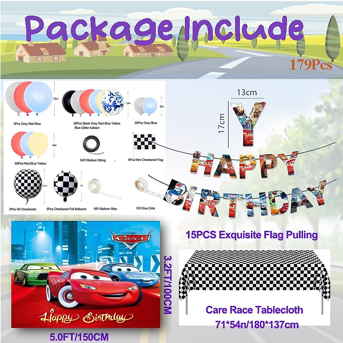 Lnkdeya Race Cars Birthday Party Decorations-179 Pcs Racing Cars Checked Balloons Garland Kit Cars Banner Racing Backdrop Tablecloth