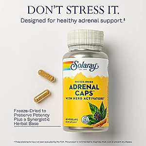 Solaray Freeze-Dried Adrenal Caps with Herb Activators, Eleuthero, Licorice, Gotu Kola, and Clove, Adrenal Support Supplements for Healthy Stress Management, Lab Verified, 60-Day Money-Back Guarantee, 30 Servings, 60 VegCaps