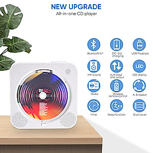 AONCO Portable Desktop CD Player with Speakers, Home Bluetooth CD Player, Remote Control, LED Displays, Support CD/Bluetooth 5.1/FM/U Disk/AUX/Sleep Timer/Repeat