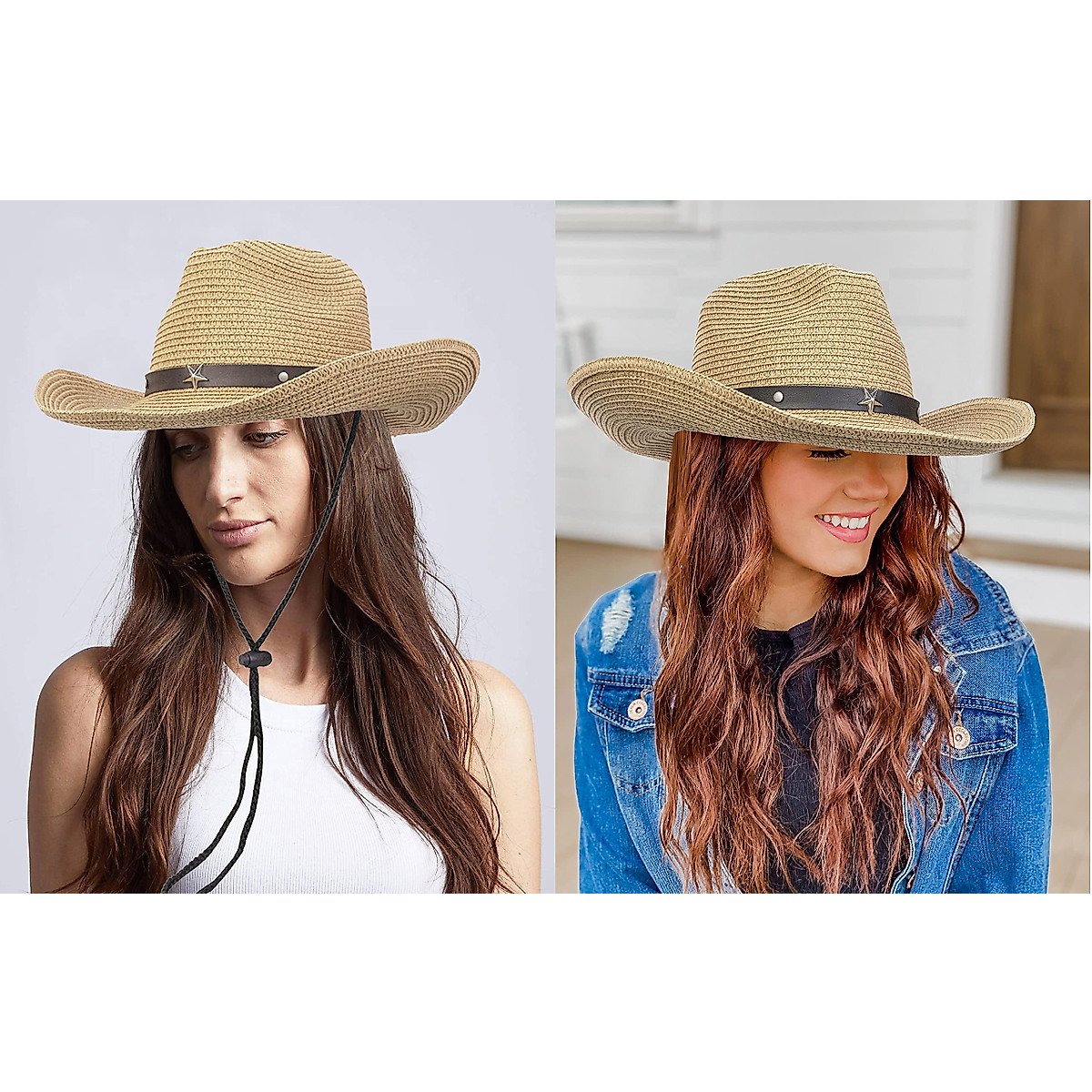 Straw Cowboy Cowgirl Hat for Men Women Wide Brim Sun Hat Western Style with String Khaki