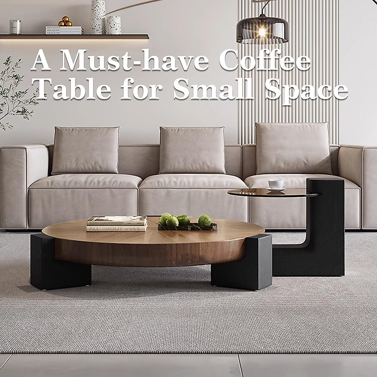 Round Coffee Table, 36in 2-Part Unique Modern Wooden Coffee Tables for Living Room Bedroom Coffee, Solid Wood Coffee Table Leg & Top, Brown Explosion-Proof Glass Small Top