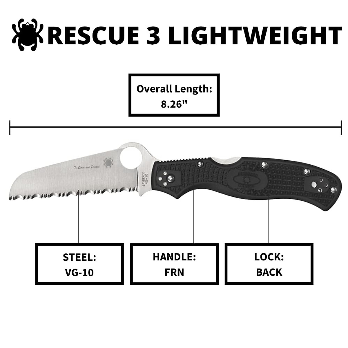 Spyderco Rescue 3 Lightweight Knife with 93mm Flat Ground Steel Blade and Tunnel to Towers Black FRN Handle - SpyderEdge - C14FSBKBL3