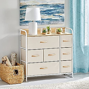 mDesign 30.9" High Steel Frame/Wood Top Storage Dresser Furniture Unit with 7 Removable Fabric Drawers - Large Bureau Organizer for Bedroom, Living Room, Closet - Cream/White