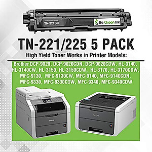 Be Green Ink Compatible Toner Cartridges for Brother DCP-9020, HL-3140, HL-3150, HL-3170, MFC-9130, MFC-9140, 9330, 9340 – TN221 TN225 Toner TN221BK, TN225C, TN225M, TN225Y (5 Pack, 2B,1C,1M,1Y)