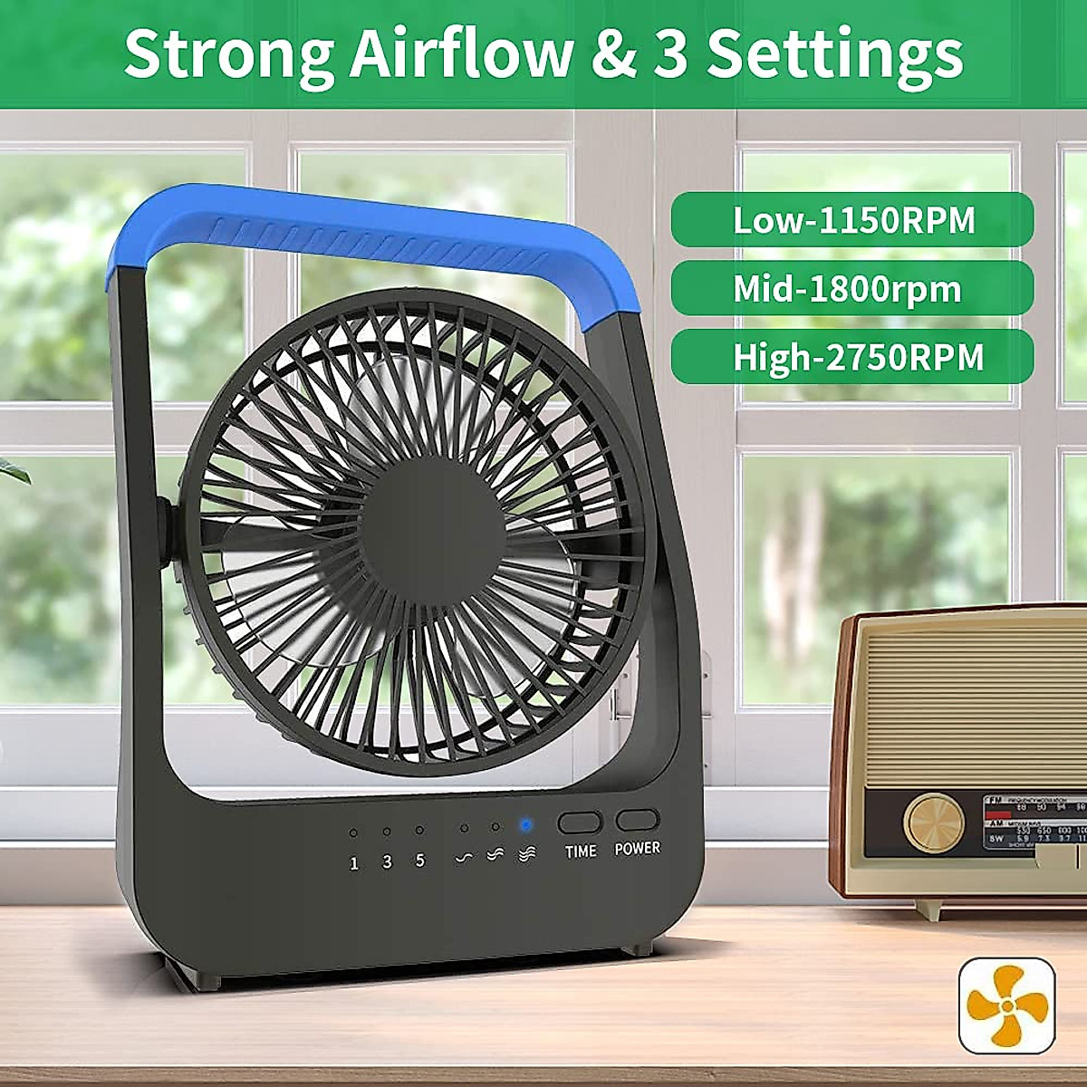 LAVESO D-cell Battery Operated Fan, Super Long Lasting Battery Powered Fan, 5 inch Portable Camping Fan, USB Desk Fan for Office Bedroom Workshop Outdoor, Quiet, 3 Speeds, Timer