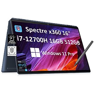 HP Spectre x360 2-in-1 Business Laptop (16" 3K QHD+ Touchscreen, Intel 14-Core i7-12700H, 16GB RAM, 512GB SSD, IST Stylus) Long Battery Life, Fingerprint, Backlit, Thunderbolt 4, Wi-Fi 6E, Win 11 Pro
