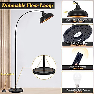 Arch Floor Lamps with Remote - Dimmable Floor Lamp 70”, Black Tall Lamp with 360° Adjustable Hanging Metal Shade, Arc Lamps Floor Standing with 9W Bulb, Over Couch Lamps for Living Room, Foot Switch