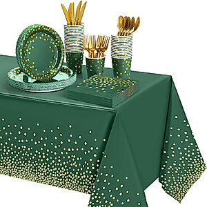 Tegeme 256 Pcs Dark Green and Gold Party Supplies Christmas Paper Plates Napkins Cups Gold Dot Disposable Tablecloths Plastic Forks Knives Spoon Serve 36 Guest for Birthday Graduation Party Decoration