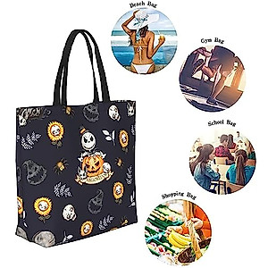 AuHomea Halloween pattern in black skulls Reusable Grocery bags Big Capacity Shopping Bag Canvas Shoulder Tote Handbag for Women Girls