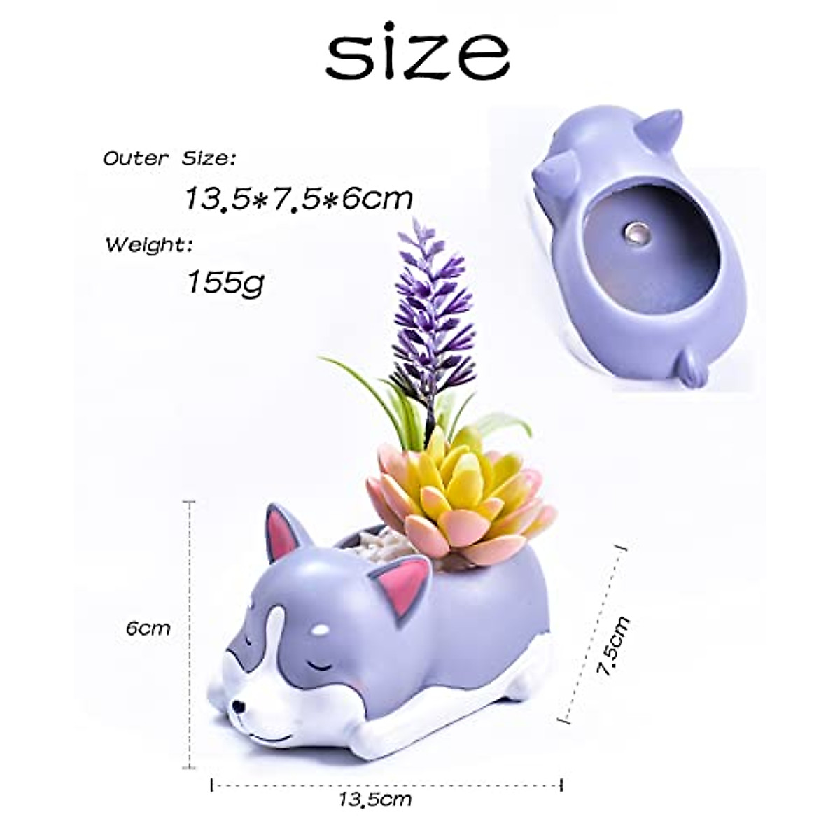 Cute Husky Puppy Flower Pot with Drainer Garden Flower Pot Resin Succulent Potted Bonsai Plant Stand Home Desk Mini Ornaments Balcony Gardening Flower Pot Does Not Contain Plants