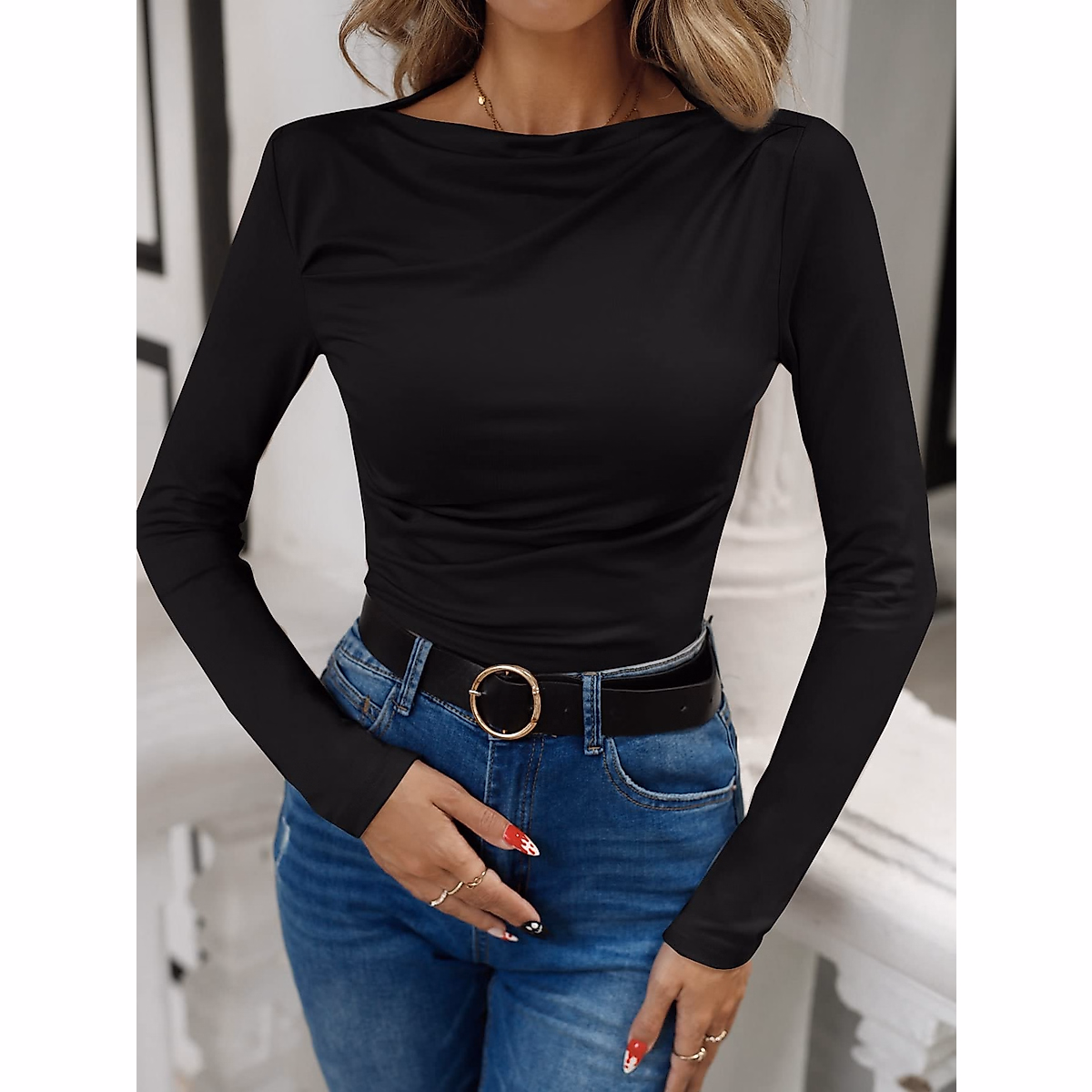 SweatyRocks Women's Boat Neck Long Sleeve Solid Tee Casual Stretch Slim Fit Ruched T Shirt Black M