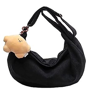 Mudono Hobo Bag for Girls Corduroy Shoulder Bag Large Capacity Crossbody Purse Lightweight Crescent Satchel with Cute Pendant