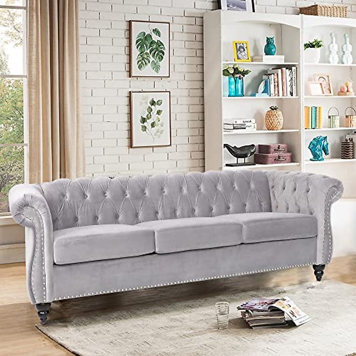 PHOYAL Large Sofa, Velvet Sofa Three-seat Sofa Classic Tufted Chesterfield Settee Sofa Modern 3 Seater Couch Furniture Tufted Back for Living Room (Grey)