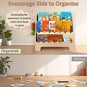 Tohiasen Kids Bookshelf Wooden 3-Tier, Scalloped Book Shelf for Kids Rooms, Front Facing Toddler Montessori Bookshelf, Baby Nursery Book Shelves Kids Classroom Bookshelf Bookcase