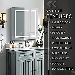 WELLFOR Lighted Mirrored Cabinet with Defogger, Dimmer, Outlets & USB Ports, Wall Mounted Bathroom Medicine Cabinet, Bathroom Makeup Mirror, Recessed or Surface, Double Opening Doors, 30" X 30"