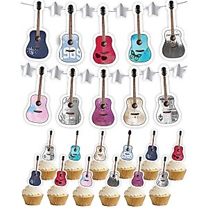 LoveUtah Tay Eras Music Tour Birthday Party Banner and Cupcake Toppers with Guitar Cutout (36 Pieces)