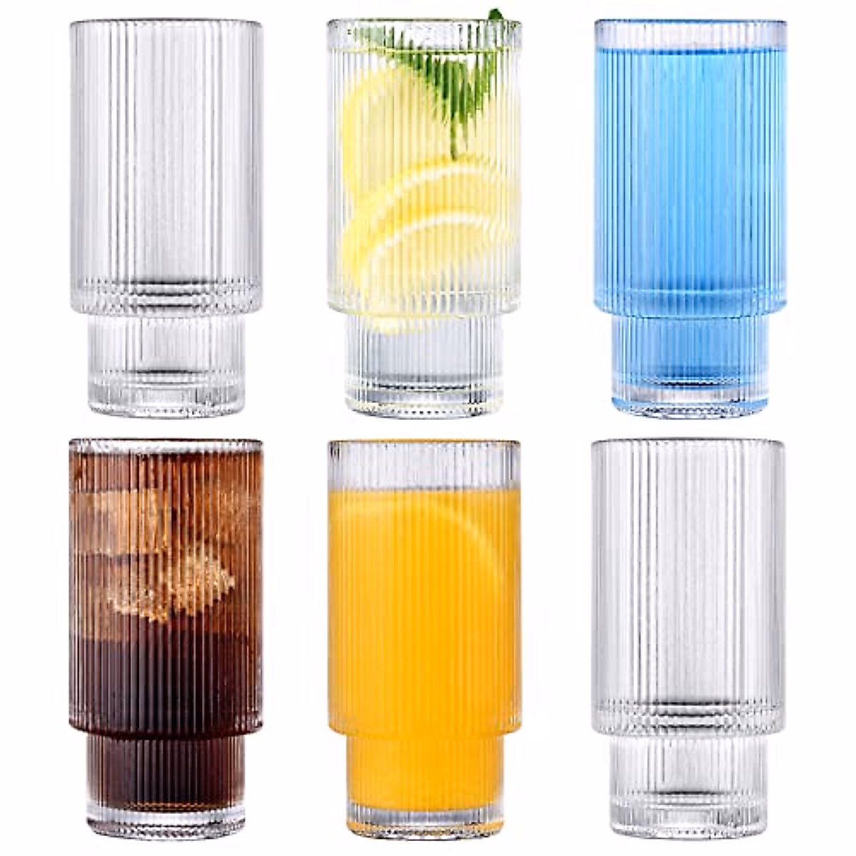 BJMEDYM Ribbed Glassware, Vintage Glassware 6pc Set, 12 oz Origami Style Glass Cup, Ripple Drinking Glasses, Fluted Glassware, Ribbed Drinking Glasses