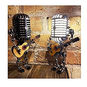 CUIKOSAER Vintage Metal Microphone Robot Desk Lamp, with Mini Guitar, Robot Touch Dimmer Lamp,Vintage Light Home Decor Nightstand Desk Lamp for Bedroom,Bar,Restaurant