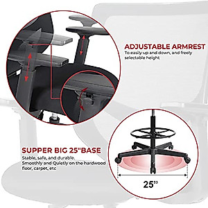 Drafting Chair, Tall Office Chair for Standing Desk, Tall Desk Chair with Adjustable Foot Ring and Armrests, Ergonomic Computer Mesh Chair with Lumbar Support and Adjustable Height，Black