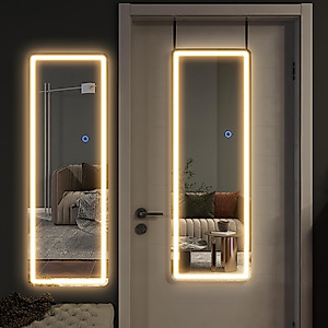 NeuType Full Length Mirror with Lights, 47"x16" LED Full Length Mirror, Over The Door Lighted Mirror with 2 Hangers, Dimmable Brightness & 3 Color, Wall Mirror for Bedroom, No Battery Required, White
