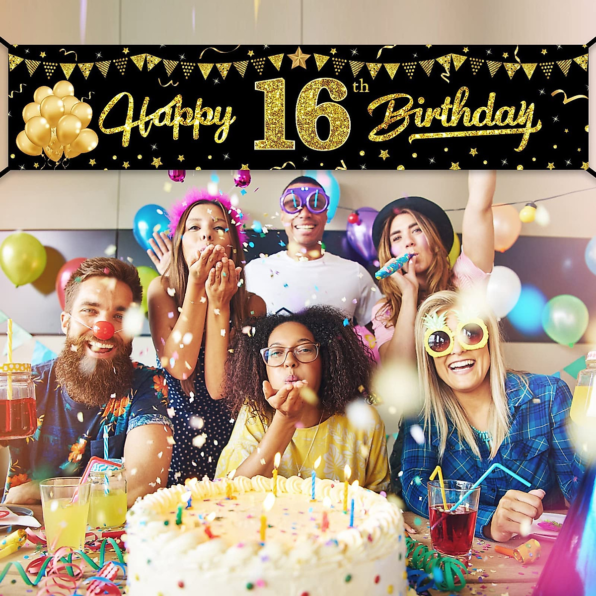Happy 16th Birthday Banner Decorations for Boys, Black Gold 16 Birthday Signs Party Supplies, Sweet Sixteen Birthday Party Decor for Outdoor Indoor