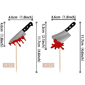 24 PCS Halloween Cupcake Toppers Glitter Horror Blood Knife Cupcake Picks Have a Killer Birthday Cake Decorations for Halloween Blood Knife Theme Birthday Party Supplies