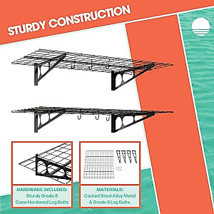 RAD Sportz Heavy Duty Shelves for Wall 2-Pack - Storage for Garage Organization - Garage Shelving with 154lb Capacity and Bike Hooks for 4 Cycles