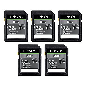 PNY 32GB Elite Class 10 U1 V10 SDHC Flash Memory Card 5-Pack - 100MB/s Read, Class 10, U1, V10, Full HD, UHS-I, Full Size SD