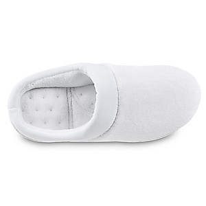 isotoner Women's Terry and Satin Slip On Cushioned Slipper with Memory Foam for Indoor/Outdoor Comfort, White, 7.5-8