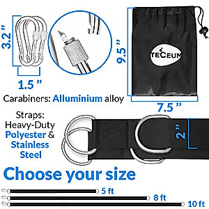 [New 2022] TECEUM Tree Swing Straps Hanging Kit (Set of 2) – 5 ft 8 ft 10 ft – Heavy-Duty Camping Hammock Strap (2,000 lb) – with Safety Lock Carabiners & Carry Bag – for All Swing Types – Outdoors