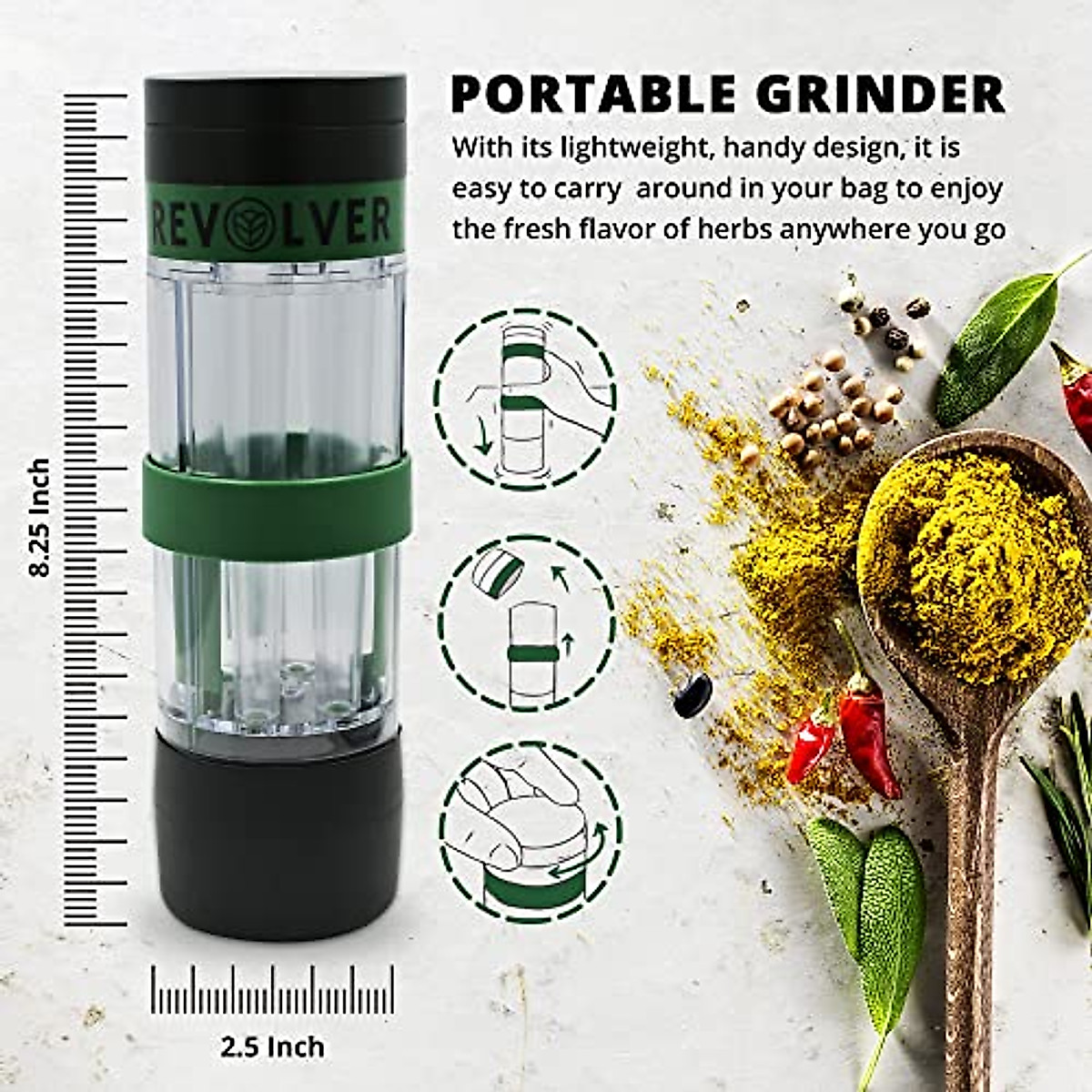 THE REVOLVER 3 in 1 Portable Herb Grinder with Storage, Lightweight and Easy to Carry Travel Herb Grinder, a Gift for your Loved Ones