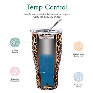 BR JUNKER 30 oz. Tumbler Double Wall Stainless Steel Vacuum Insulation Travel Mug with Crystal Clear Lid and Straw, Water Coffee Cup for Home,Office,School, Ice Drink, Hot Beverage,Leopard,Slim
