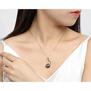 DENGGUANG Tahitian Black Pearl Necklace Genuine 9.5-10mm Round South Sea Cultured Pearl Pendant 18K Gold Plated 925 Sterling Silver- Jewelry Gifts for Women Wife Mom Daughter